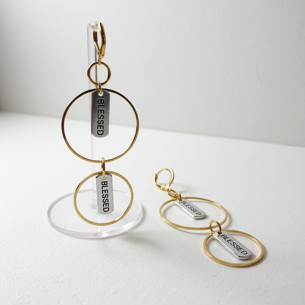 Blessed Gold Hoop Drop Earrings with Silver Charm | Barbara Collins ...